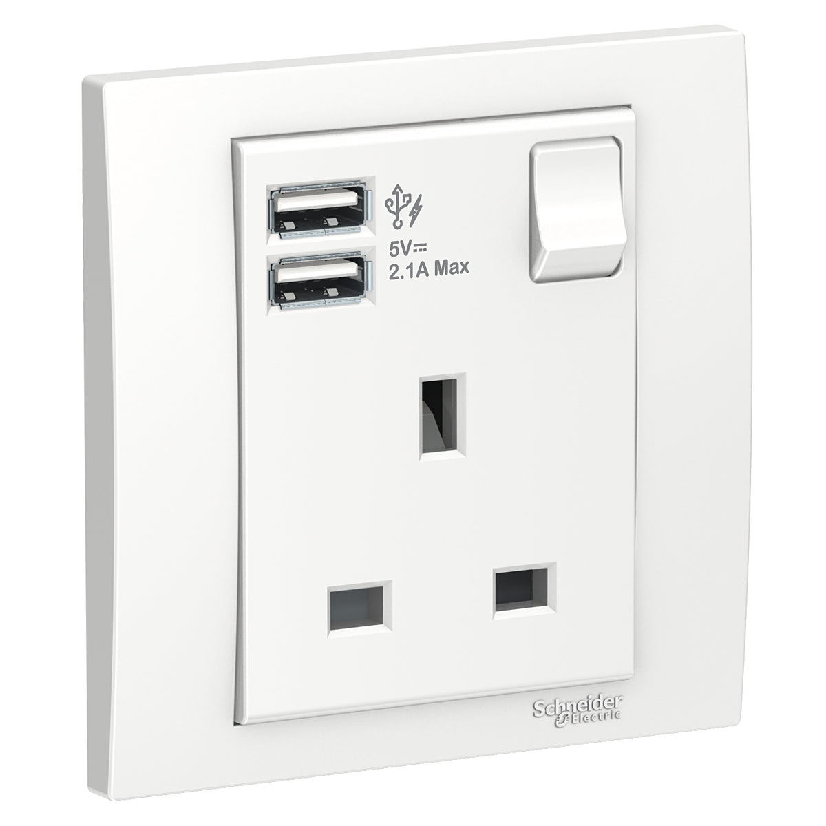 Schneider Electric 13A 1 Gang Switched Socket with 2.1A USB, White - K