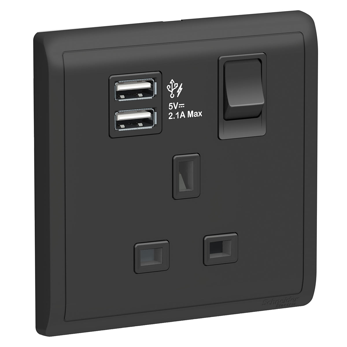Schneider Electric 13A 1 Gang Switched Socket with 2.1A USB, Matt Blac